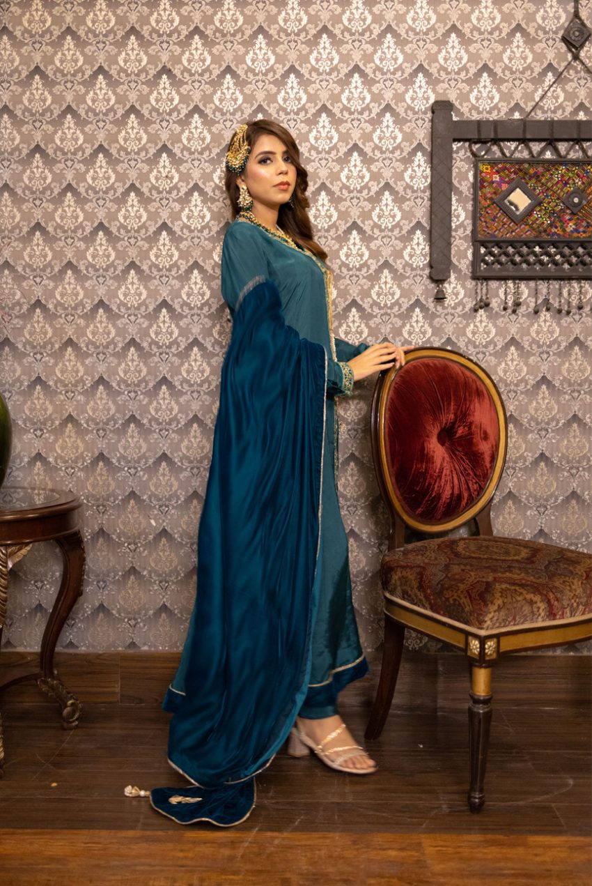 Falak, Pure Silk Angrakha Suit With Fine Velvet Shawl-3Pc – Nazia Memon