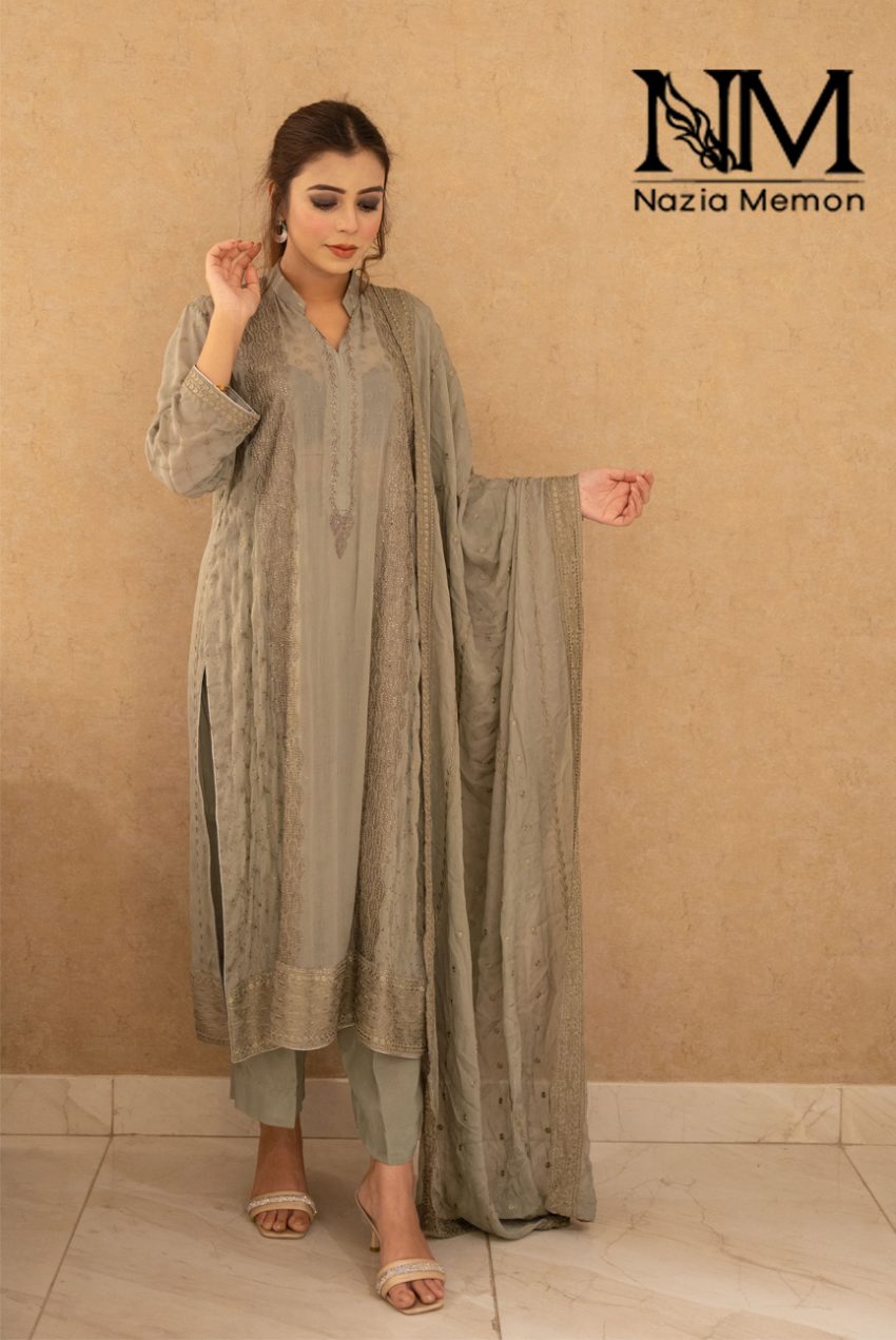 Machine Embroidered Shirt And Dupatta With Trousers -3PC – Nazia Memon