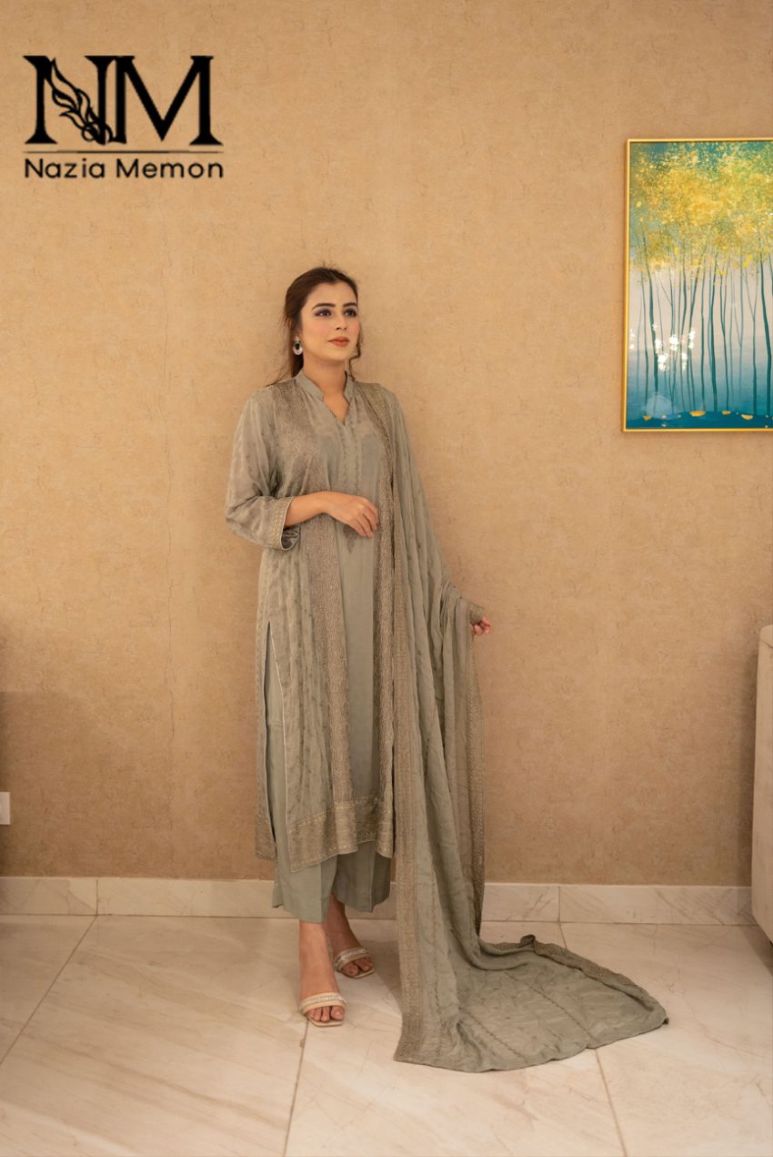 Machine Embroidered Shirt And Dupatta With Trousers -3PC – Nazia Memon